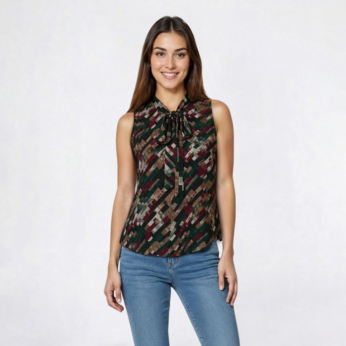 Kasper Printed Tie-Neck Sleeveless Top  Regular & Petites - Black Multi